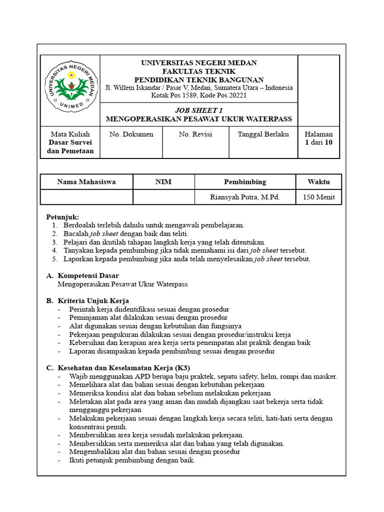 Jobsheet 1. Pengenalan Waterpass (PTB) | PDF Jobsheet 1. Pengenalan Waterpass (PTB) | PDF