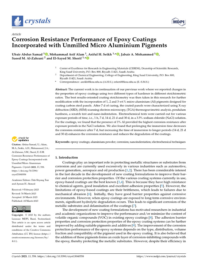 Corrosion Resistance Performance of Epoxy Coatings Incorporated With Unmilled Micro Aluminium ...