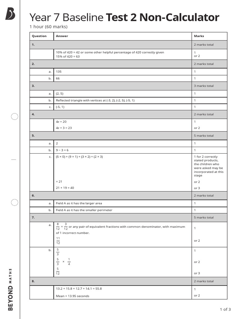 Year 7 Maths Silver Baseline Test Answers | PDF