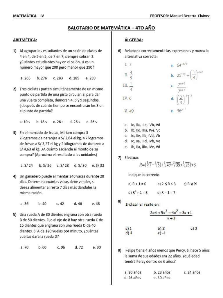 Balotario de Matemática - 4° | PDF