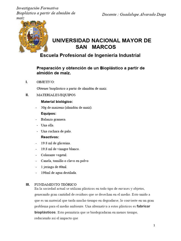 LABORATORIO 1 - Preparación y Obtención de Un Bioplástico | PDF