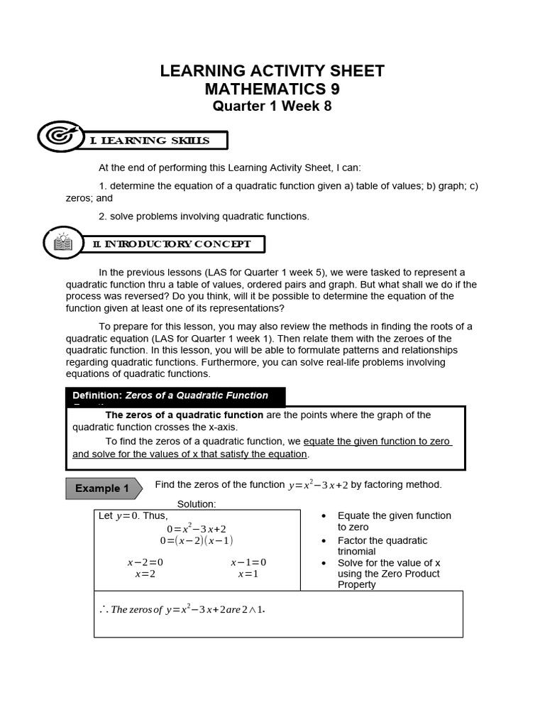 Math 9 Q1 Las W8 | PDF