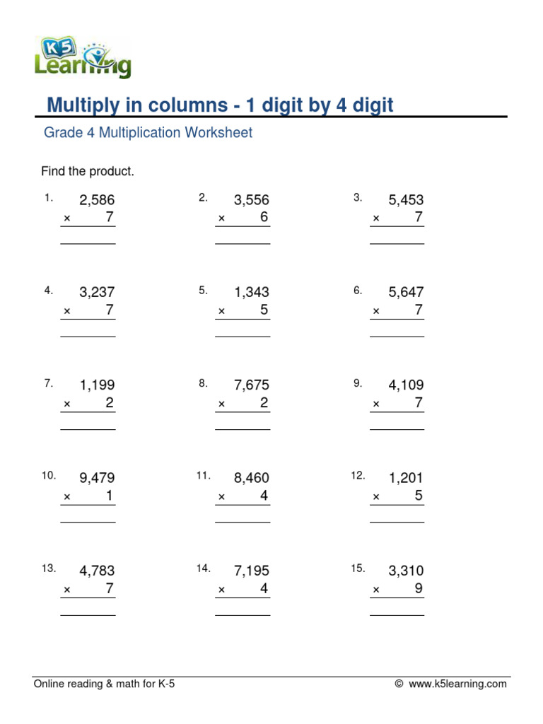 Grade 4 Multiply Columns 1 Digit 4 Digit A | PDF