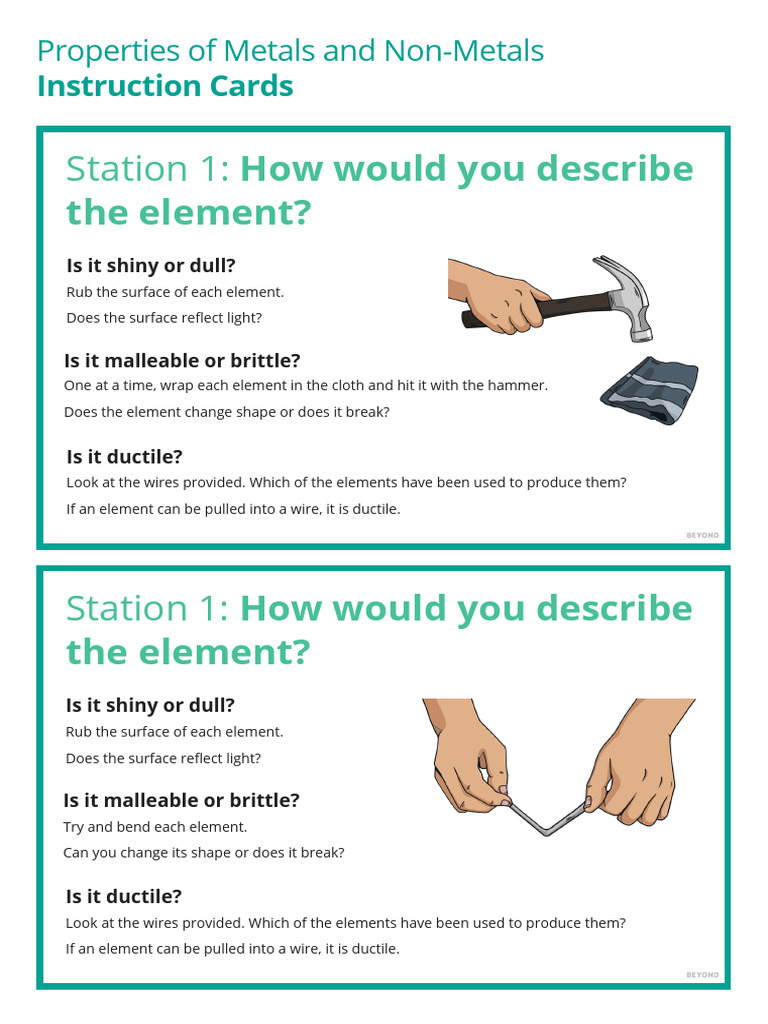 Properties of Metals and Non-Metals Instruction Cards | PDF
