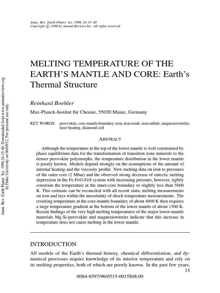 Melting Temperature Earth’s Mantle and Core (1996) - Boehler | PDF ...