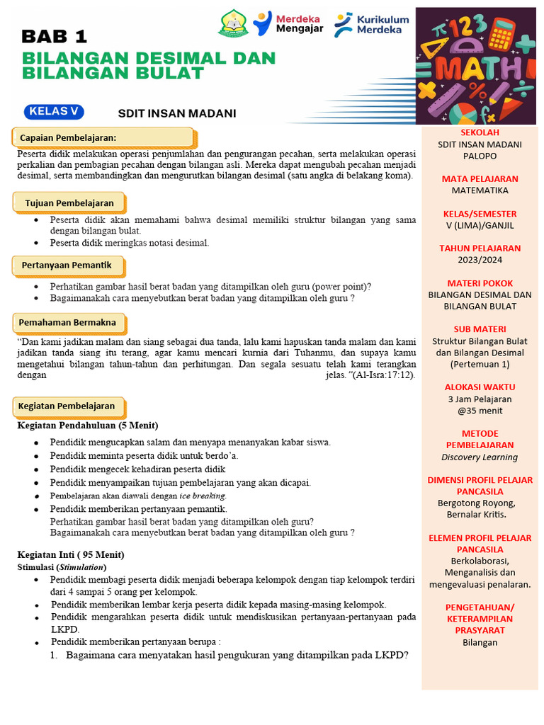 1 1 Modul Ajar Bilangan Desimal Dan Bilangan Bulat Pertemuan 1 Pdf