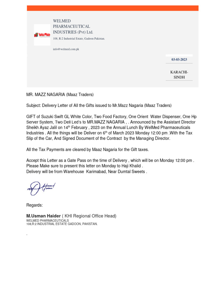 Delivery Letter | PDF