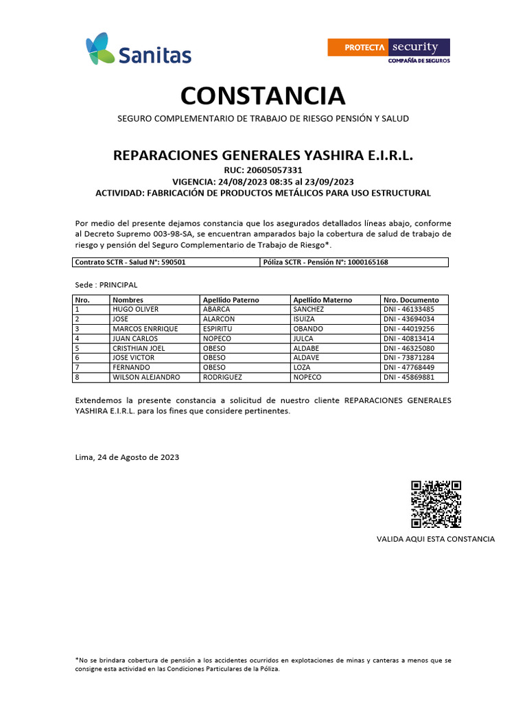 Constancia - 2023-08-24T090050.383 | PDF | Póliza de seguros | Derecho empresarial