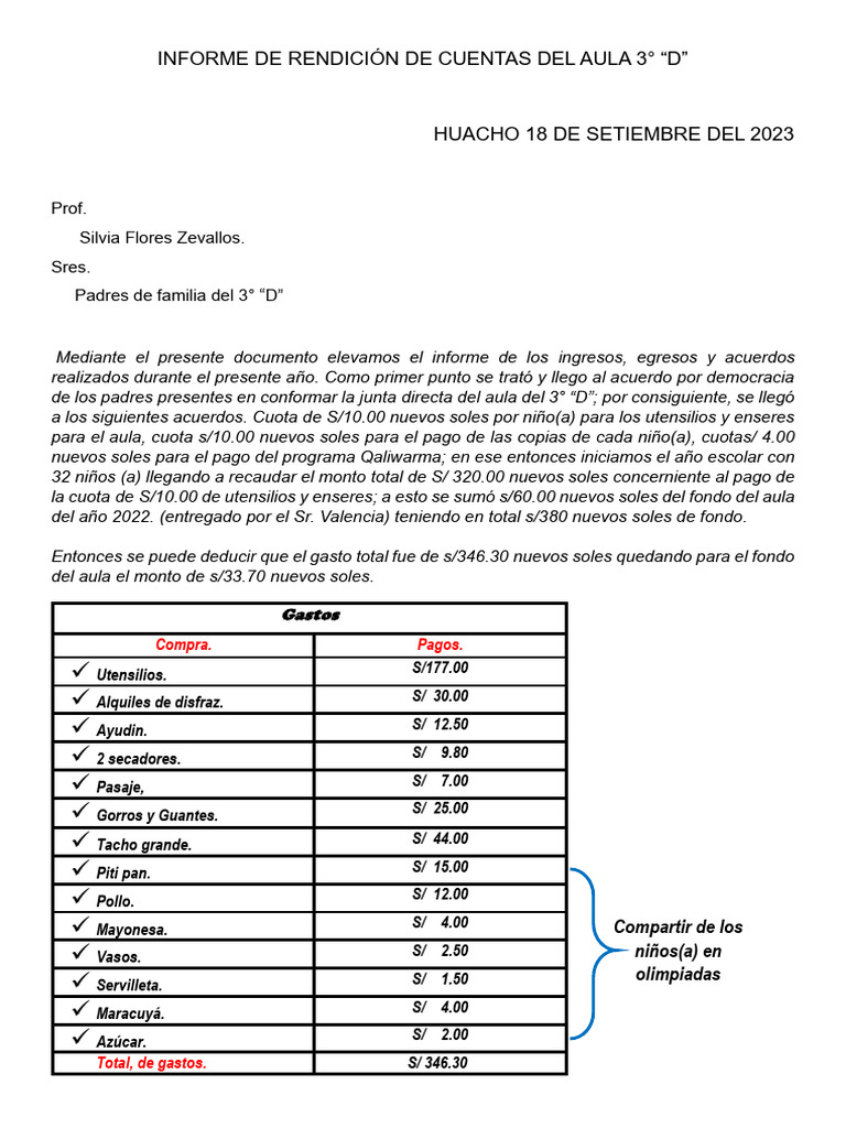 Informe de Rendición de Cuentas Del Aula 3 D | PDF | Estudios de idiomas extranjeros