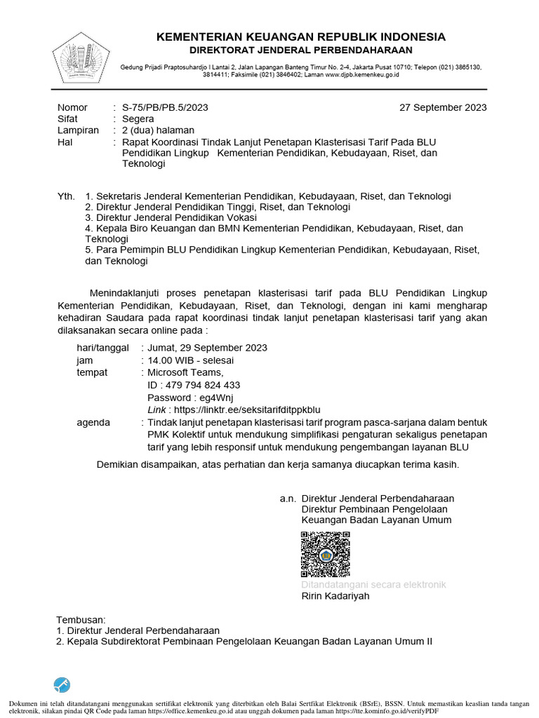 S-75-Tindak Lanjut Proses Penetapan Klasterisasi Tarif Pada BLU ...