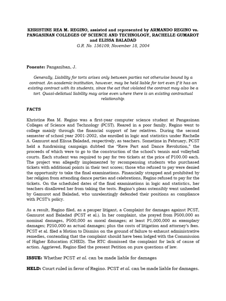 Regino V PCST G.R. No. 156109 (Digest) | PDF | Tort | Complaint