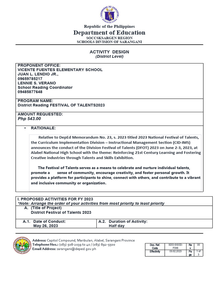 Activity Design District FESTIVAL OF TALENTS 2023 | PDF