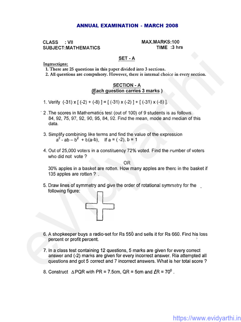 Class 7 Mathematics Set 2 | PDF