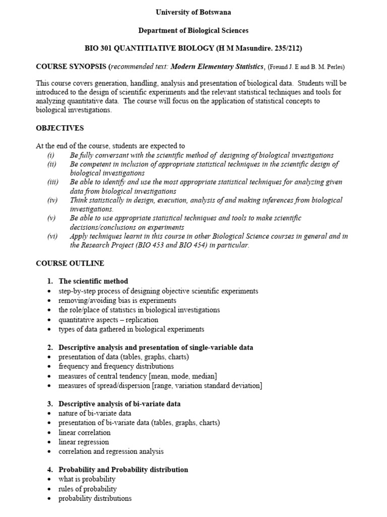 Bio 301 - Quantitative Biology Course Outline | PDF | Analysis Of ...