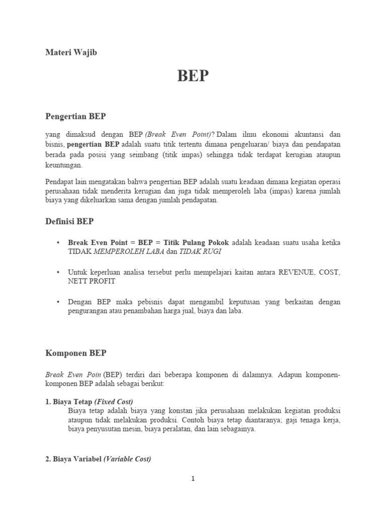 Materi Wajib: Break Even Poin (BEP) Terdiri Dari Beberapa Komponen Di Dalamnya. Adapun Komponen ...