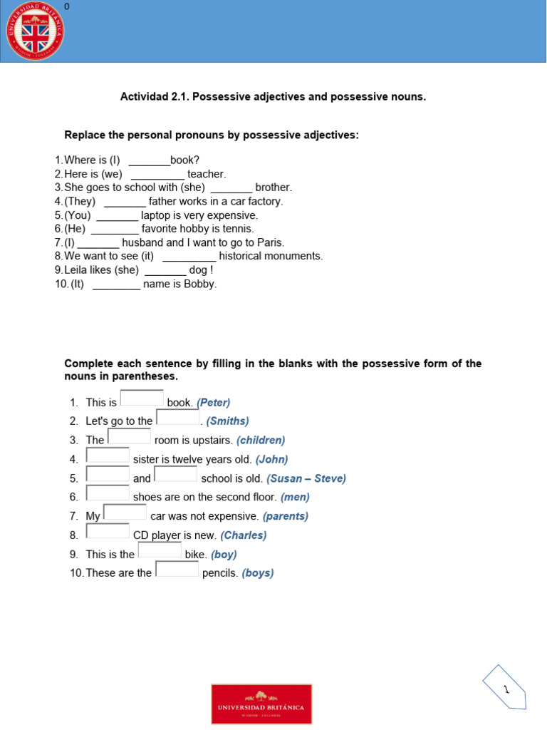 Practice 2.1. Possessive Adjectives and Possessive Nouns. | PDF ...