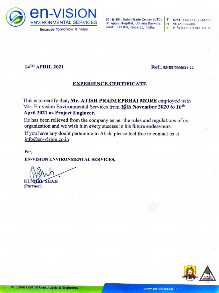 En-Vision Experience Certificate | PDF