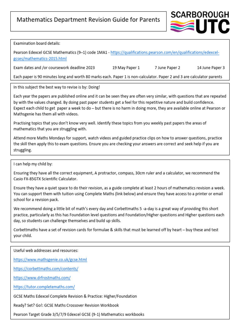 Maths One Page Revision Guide For Parents | PDF