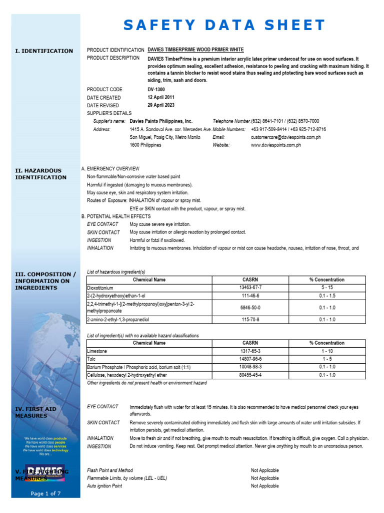 DAVIES 1300 TIMBERPRIME WOOD PRIMER WHITE SDS (1) | PDF