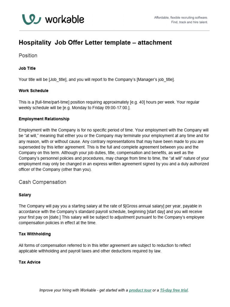 Hospitality Job Offer Letter Template | PDF