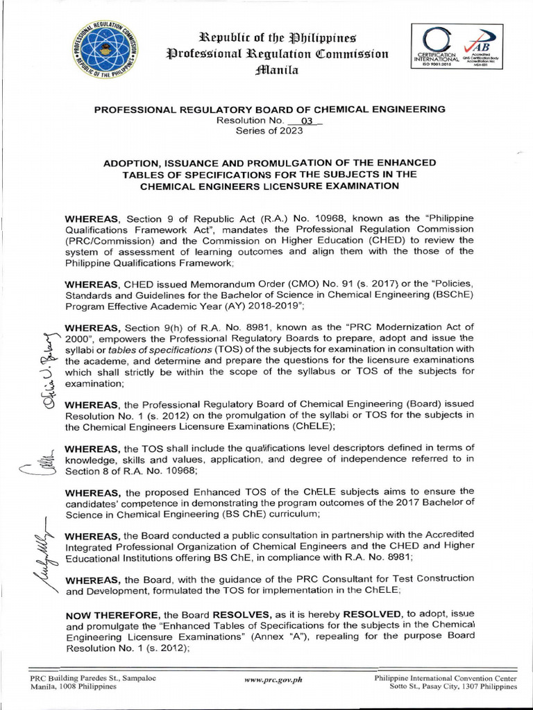 TOS PRB-ChE Resolution 3.2023 with Annex | PDF | Engineering | Heat