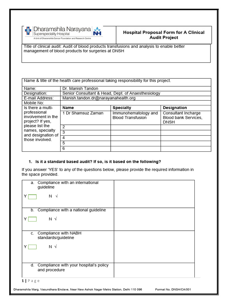 3. Clinical Audit Proposal Form | PDF | Blood Transfusion | Social Programs