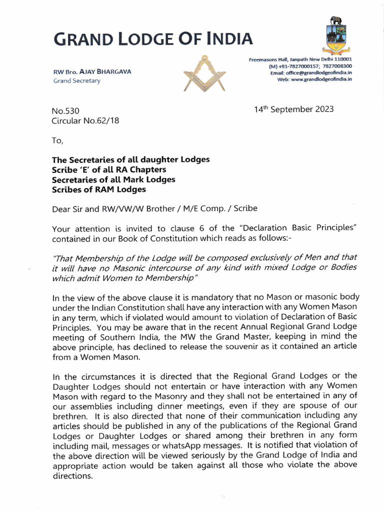 Circular No.62(18)-Declaration Basic Principles | PDF | Freemasonry | Western Esotericism