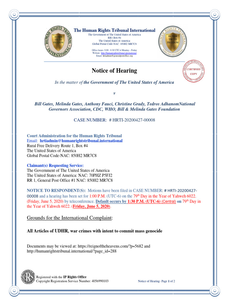 Hrti Gates Et Al Notice of Hearing | PDF