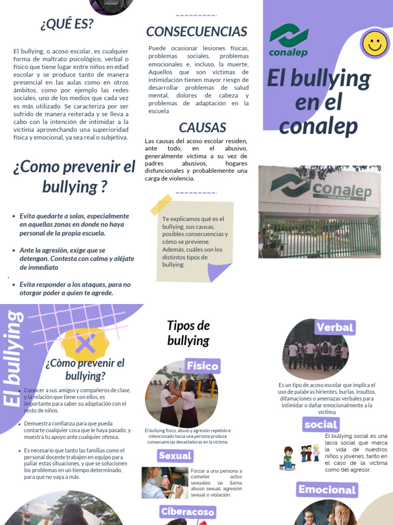 Tríptico sobre el Bullying Acoso Escolar Creativo Morado y Amarillo (1 ...