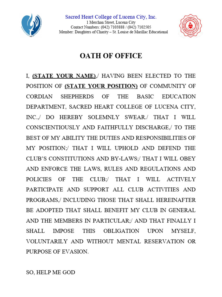 Oath of Office for Sacred Heart College | PDF | Social Science