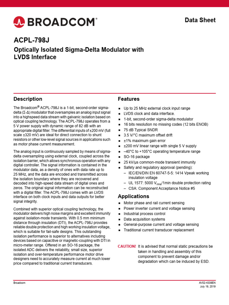 Broatcom Acpl-798j | PDF | Analog To Digital Converter | Signal To Noise Ratio