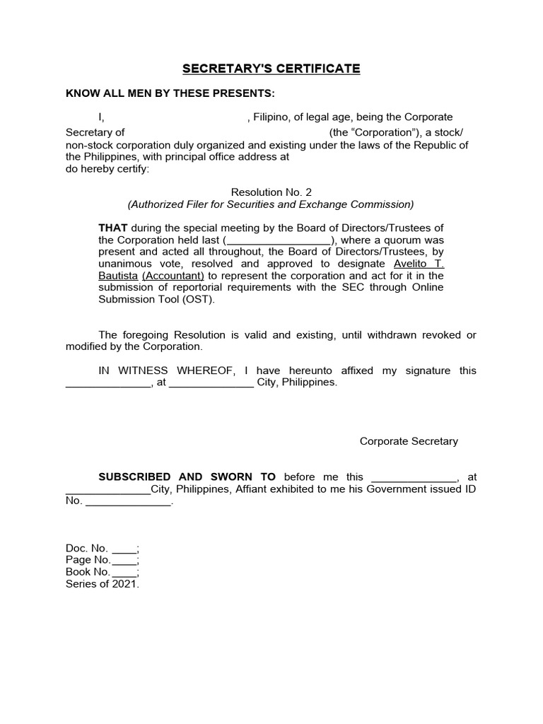 Authorized Filer Secretary Certificate | PDF | Finance & Money ...