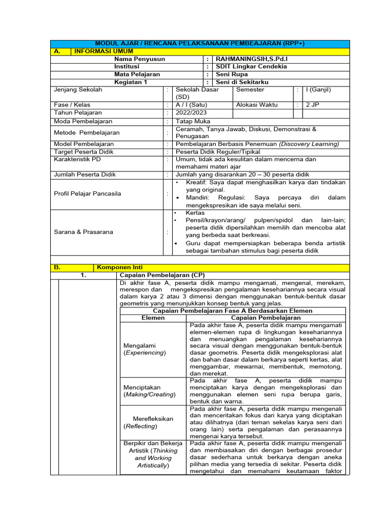 RPP Seni Rupa KLS I SMS 1 | PDF
