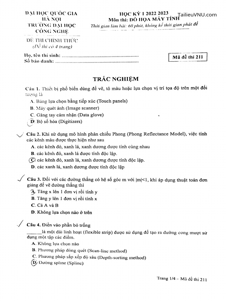 Đề Thi Đồ Họa Máy Tính Đề Số 211 Kỳ 1 Năm Học 2022-2023 - UET | PDF