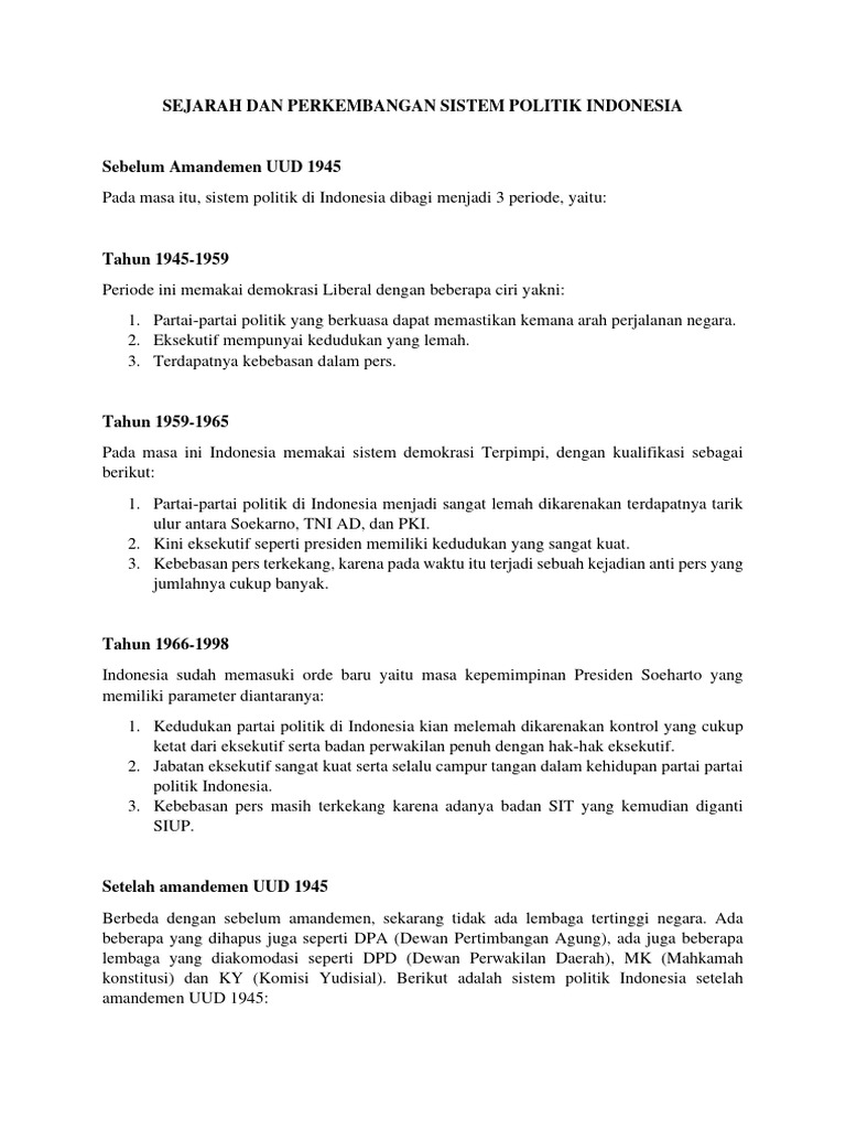 Sejarah Dan Perkembangan Sistem Politik Indonesia | PDF Sejarah Dan Perkembangan Sistem Politik Indonesia | PDF