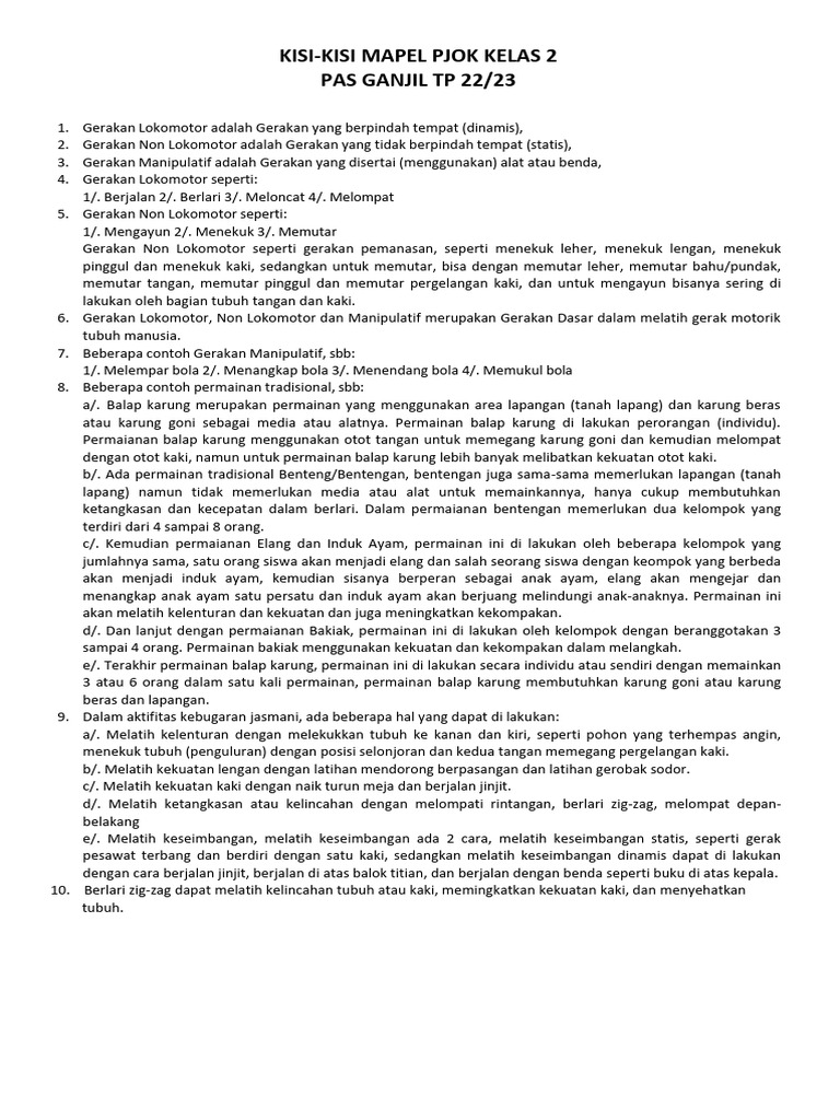 Kisi-Kisi Mapel PJOK Kelas 2 PAS Ganjil | PDF