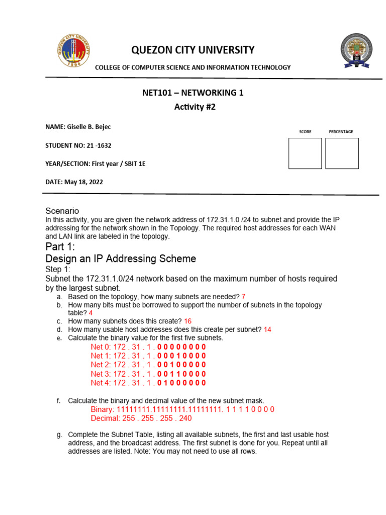 Net101 Lab_activity Subnetting | PDF