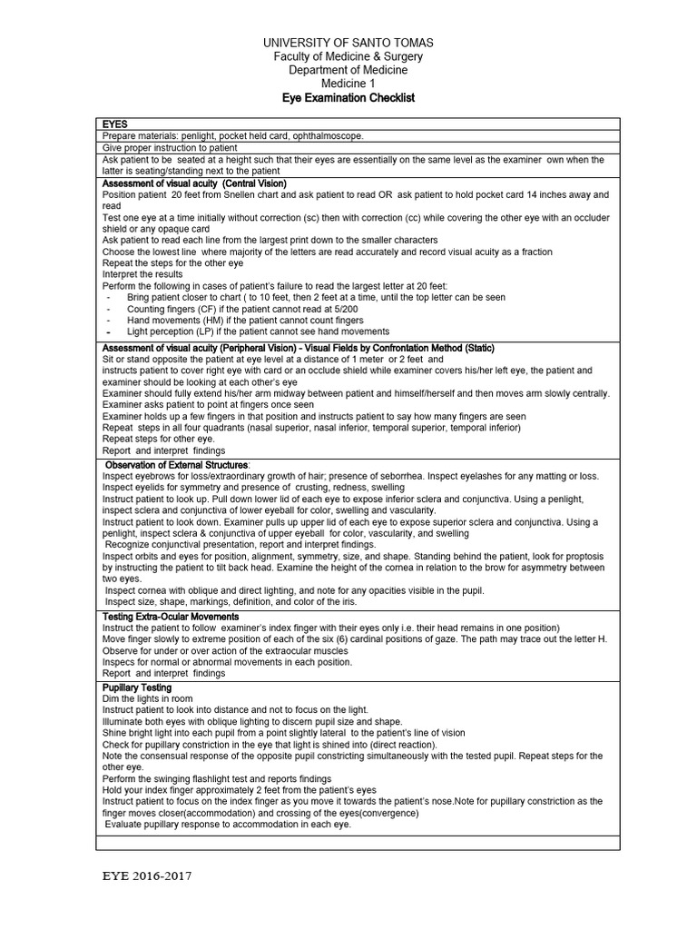 Eye Examination Procedure Checklist | PDF