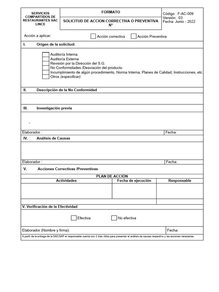 F-AC-009 Solicitud de Acciones Correctivas o Preventivas | PDF