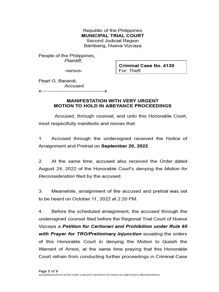 Motion To Suspend Arraignment Proceedings | Download Free PDF ...