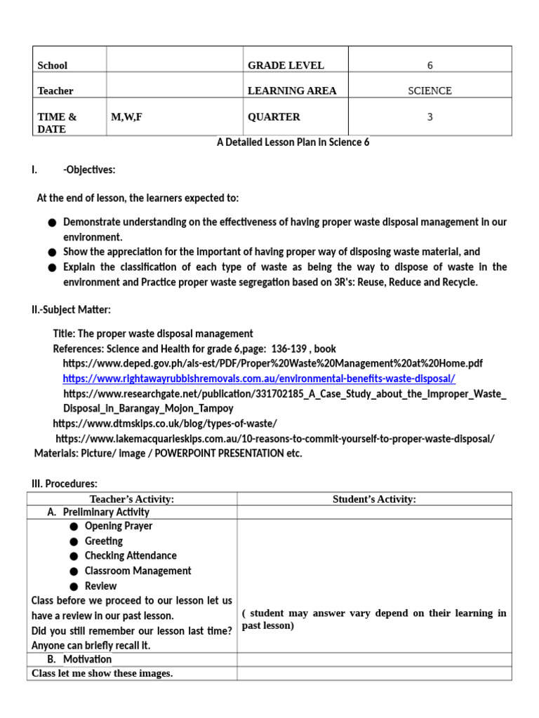 Proper Waste Disposal Management Lesson | PDF | Waste | Waste Management