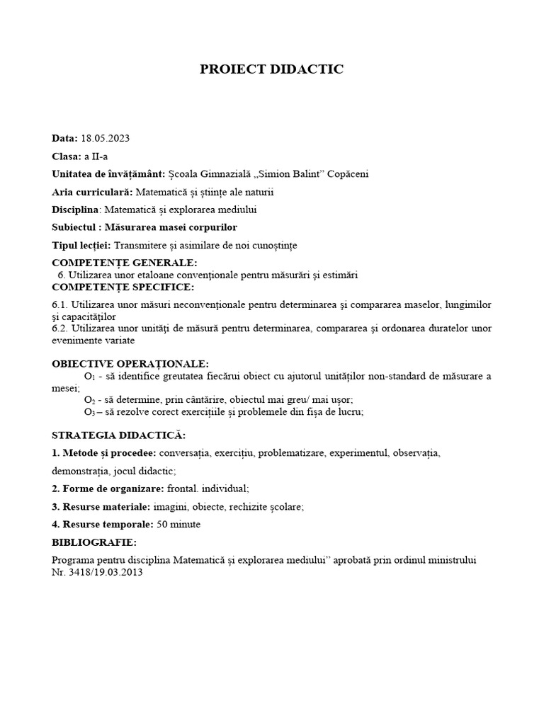 Proiect Didactic Mate | PDF