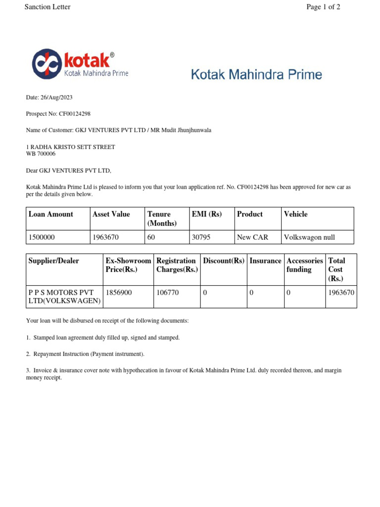 Kotak Mahindra Car Loan Approval Letter | PDF | Loans | Receipt