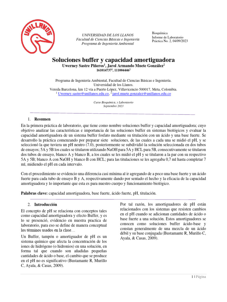 Informe Lab #1 Soluciones Buffer y Capacidad Amortiguadora Rep | PDF