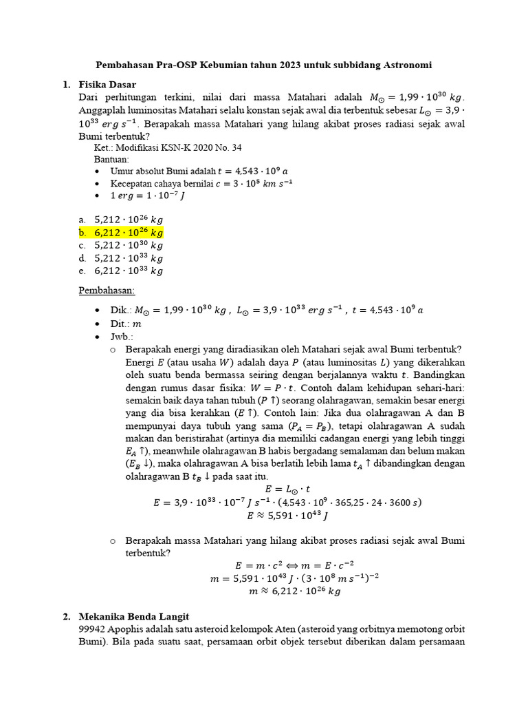 Soal Latihan Pra-OSP 2023 Kebumian_Astronomi - Dengan Pembahasan | PDF