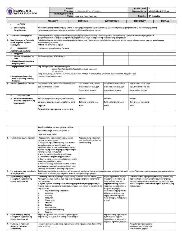 Grade 5 DLL Araling Panlipunan 5 Q4 Week 6 | PDF