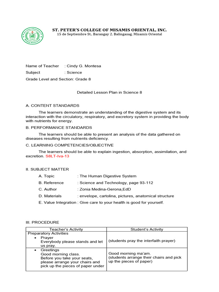 Grade 8 Digestive System Lesson Plan | PDF | Digestion | Stomach