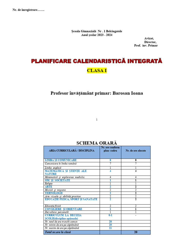 Planificare Integrata Clasa 1 20232024 | PDF