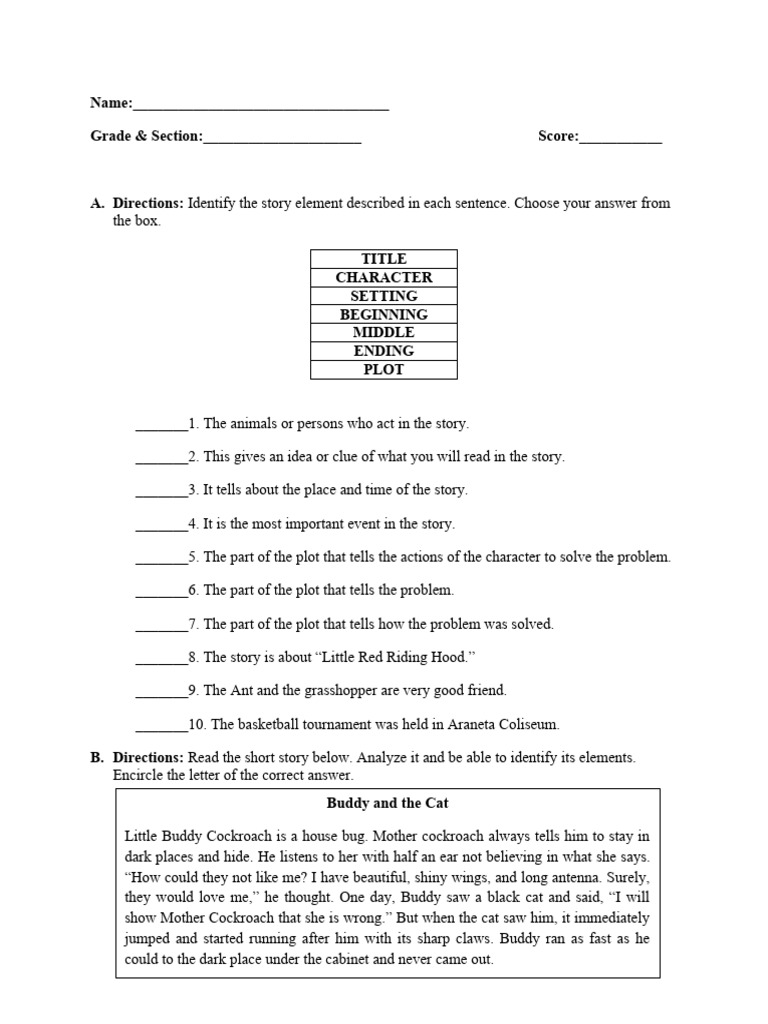 Story Elements Identification Worksheet | PDF | Language Arts ...
