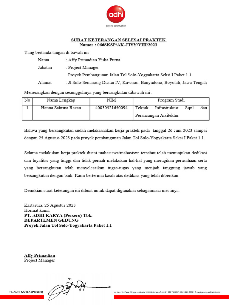 243 Surat Keterangan Selesai KP UNIKA | PDF